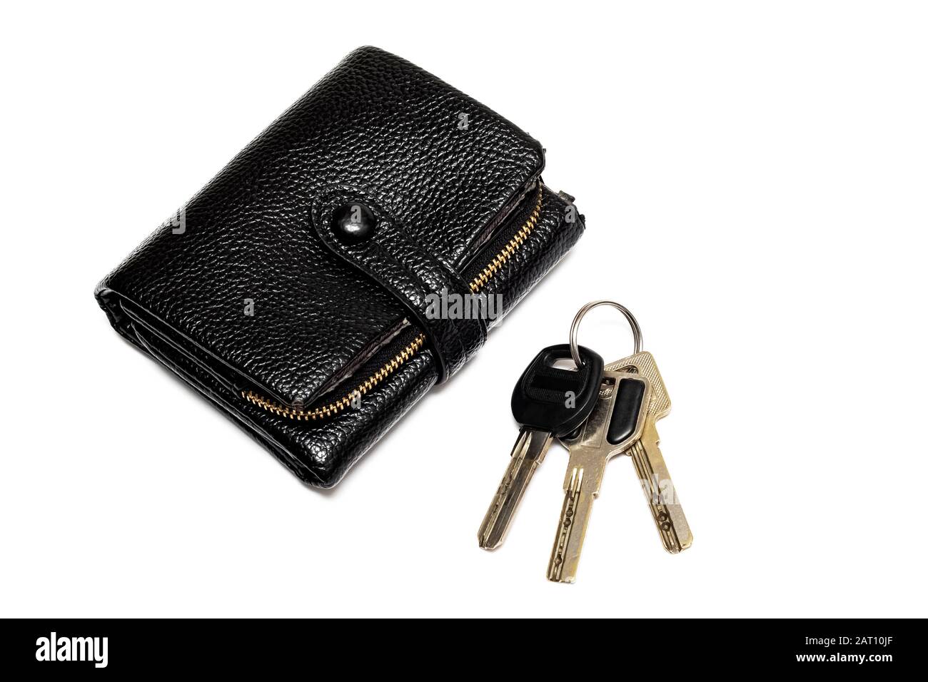 A bunch of keys and a black wallet isolated on white background Stock ...