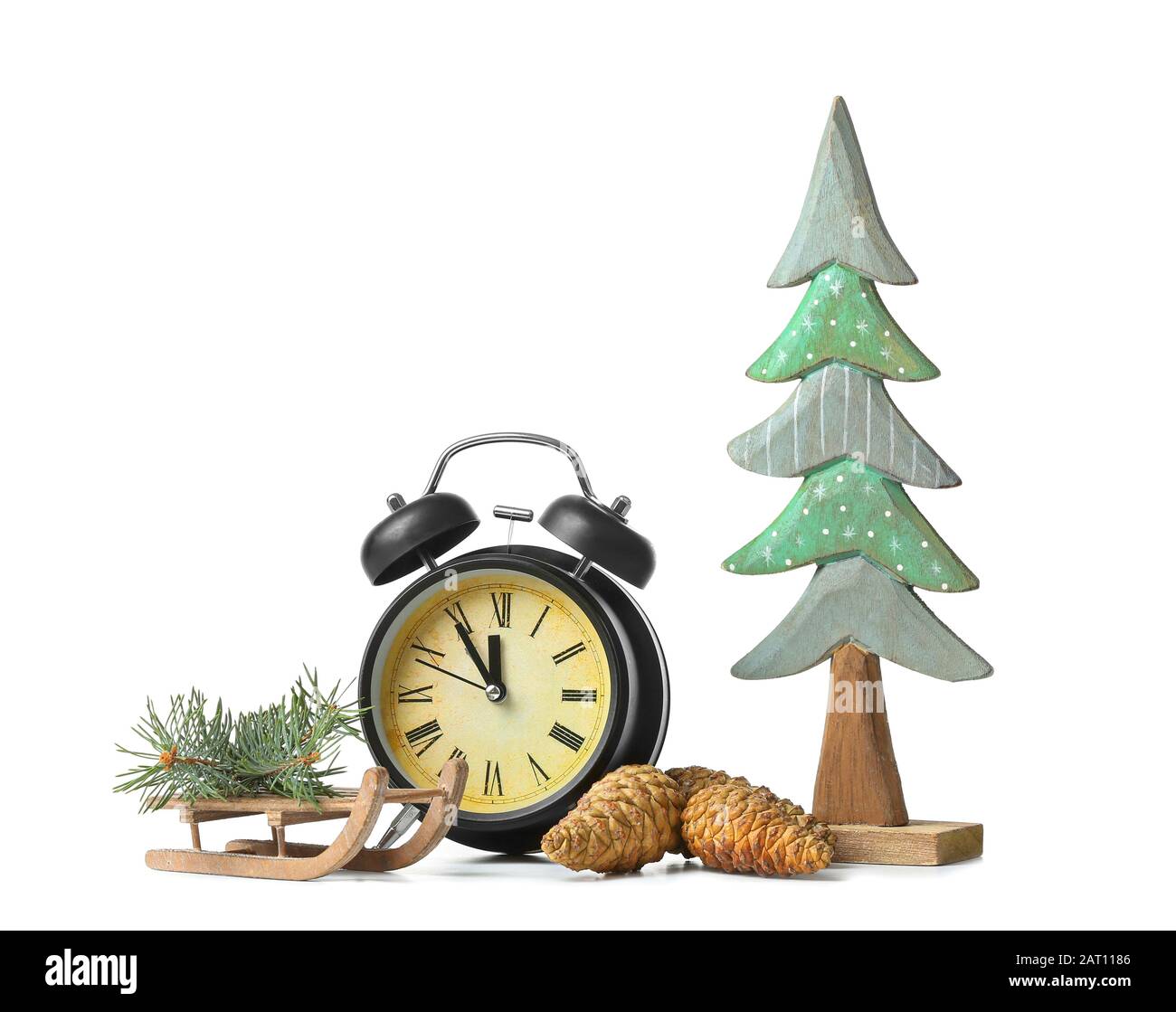 Alarm clock ad decor on white background. Christmas countdown concept ...