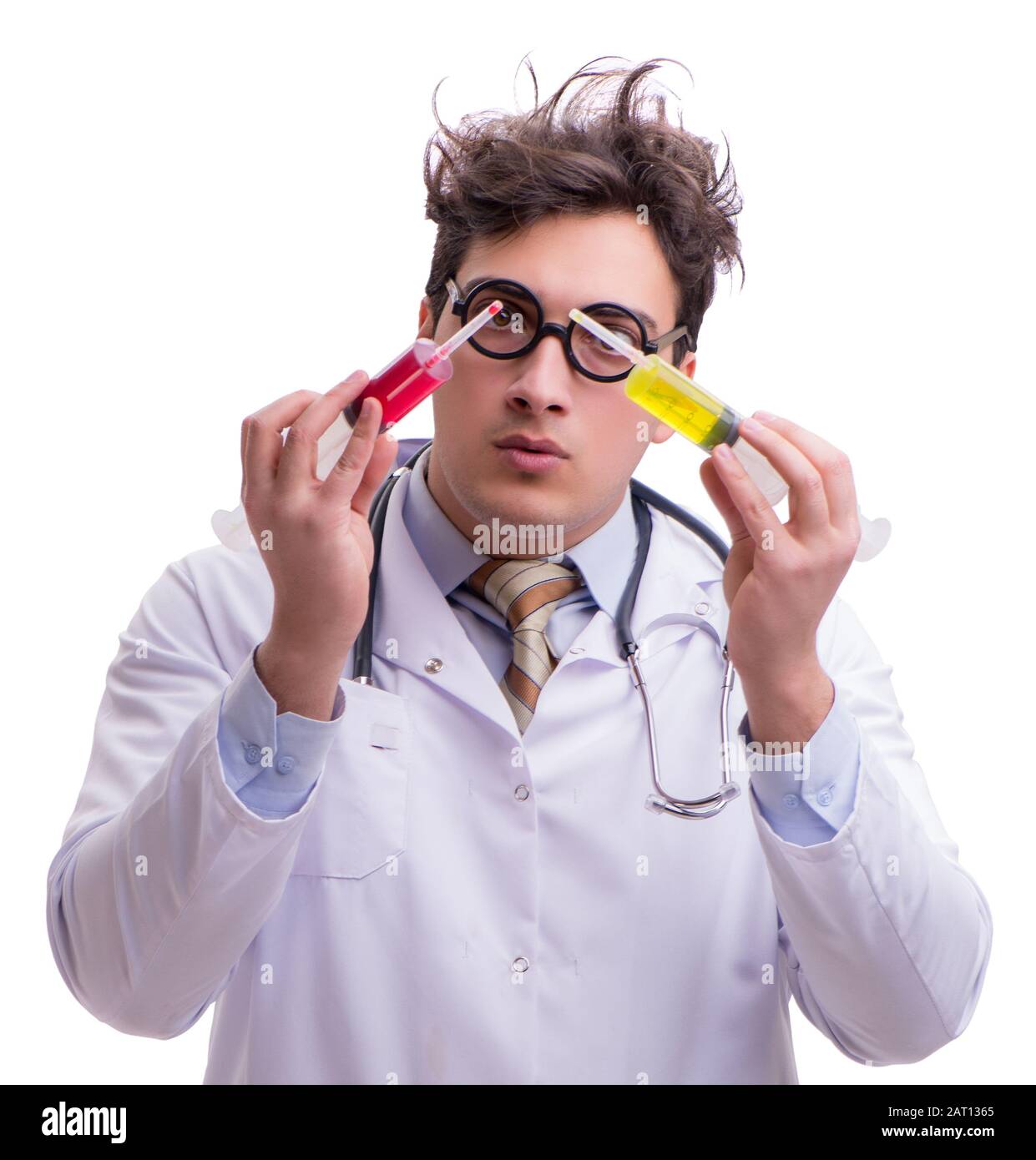 The funny doctor with syringe isolated on white Stock Photo - Alamy