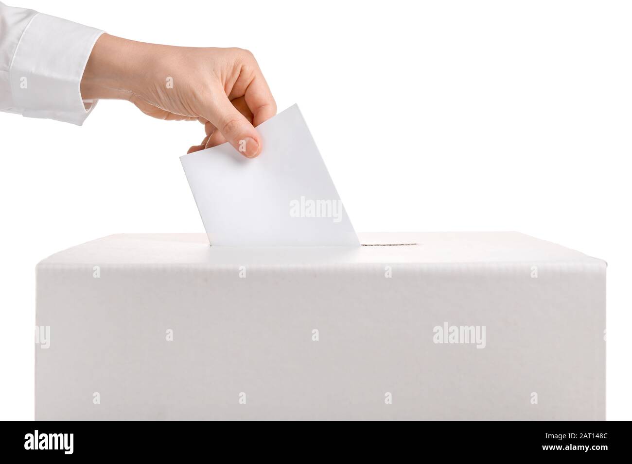 Woman putting ballot paper in voting box against white background Stock ...