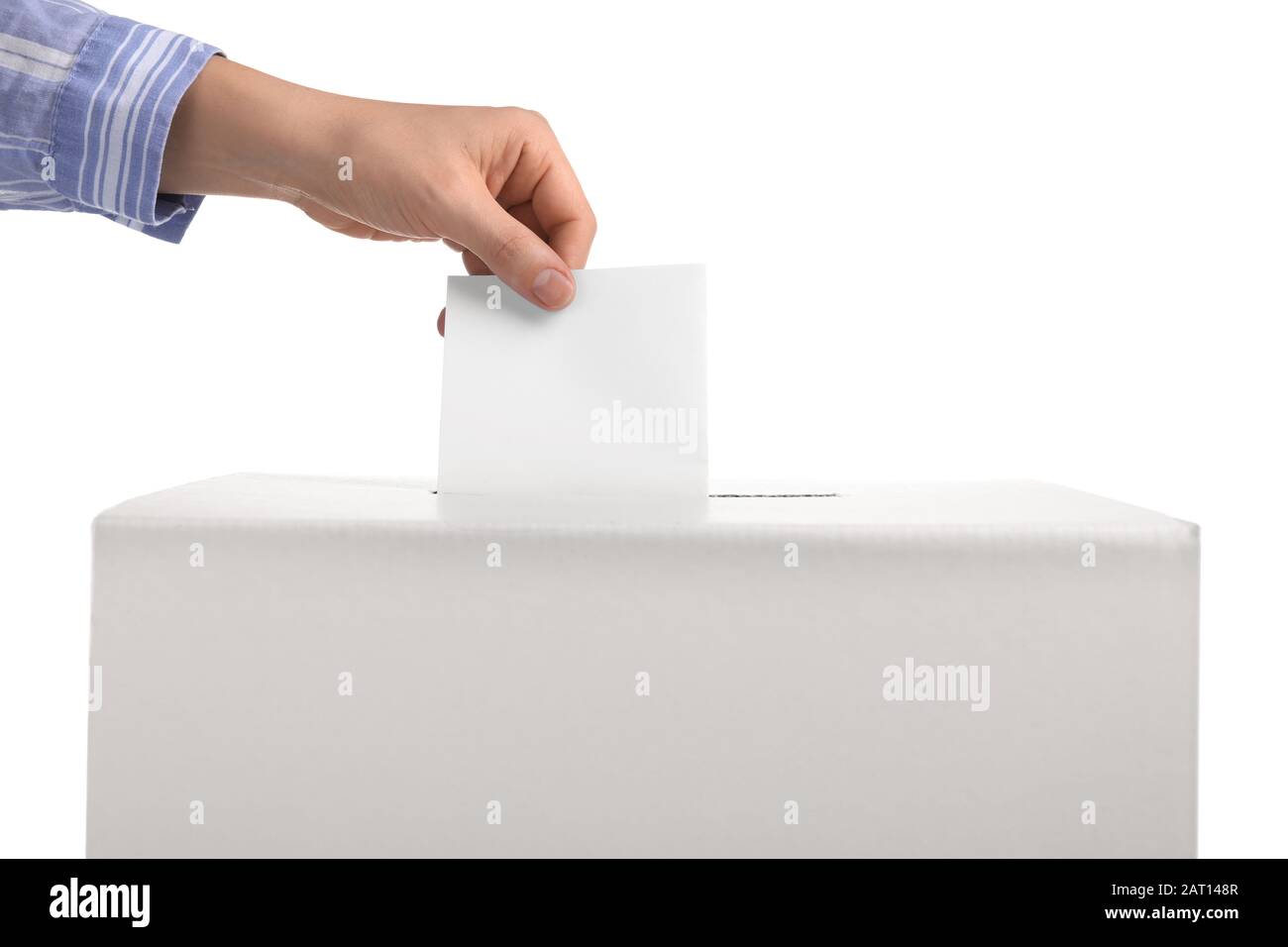 Woman putting ballot paper in voting box against white background Stock ...