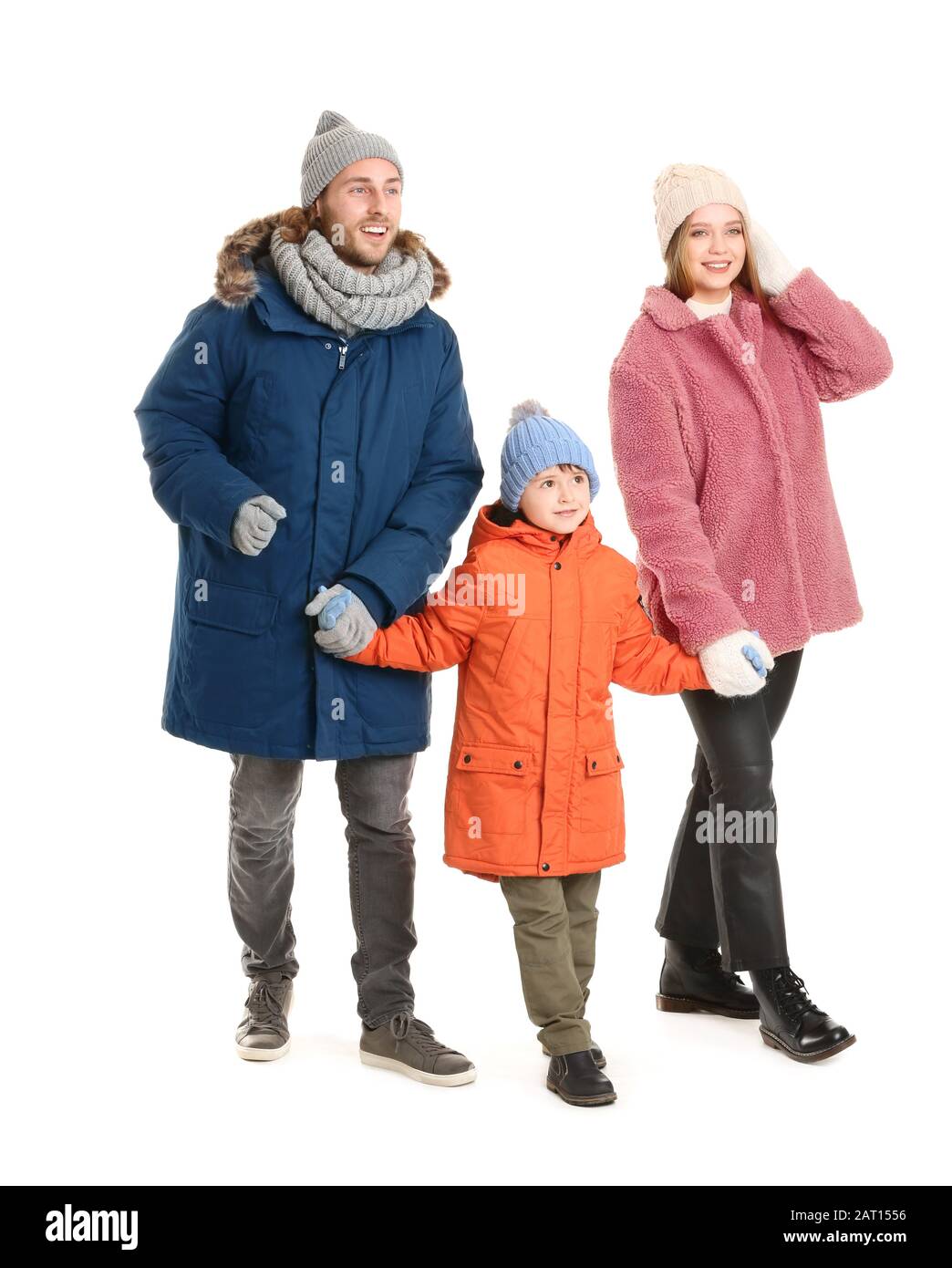 Happy family in winter clothes on white background Stock Photo - Alamy