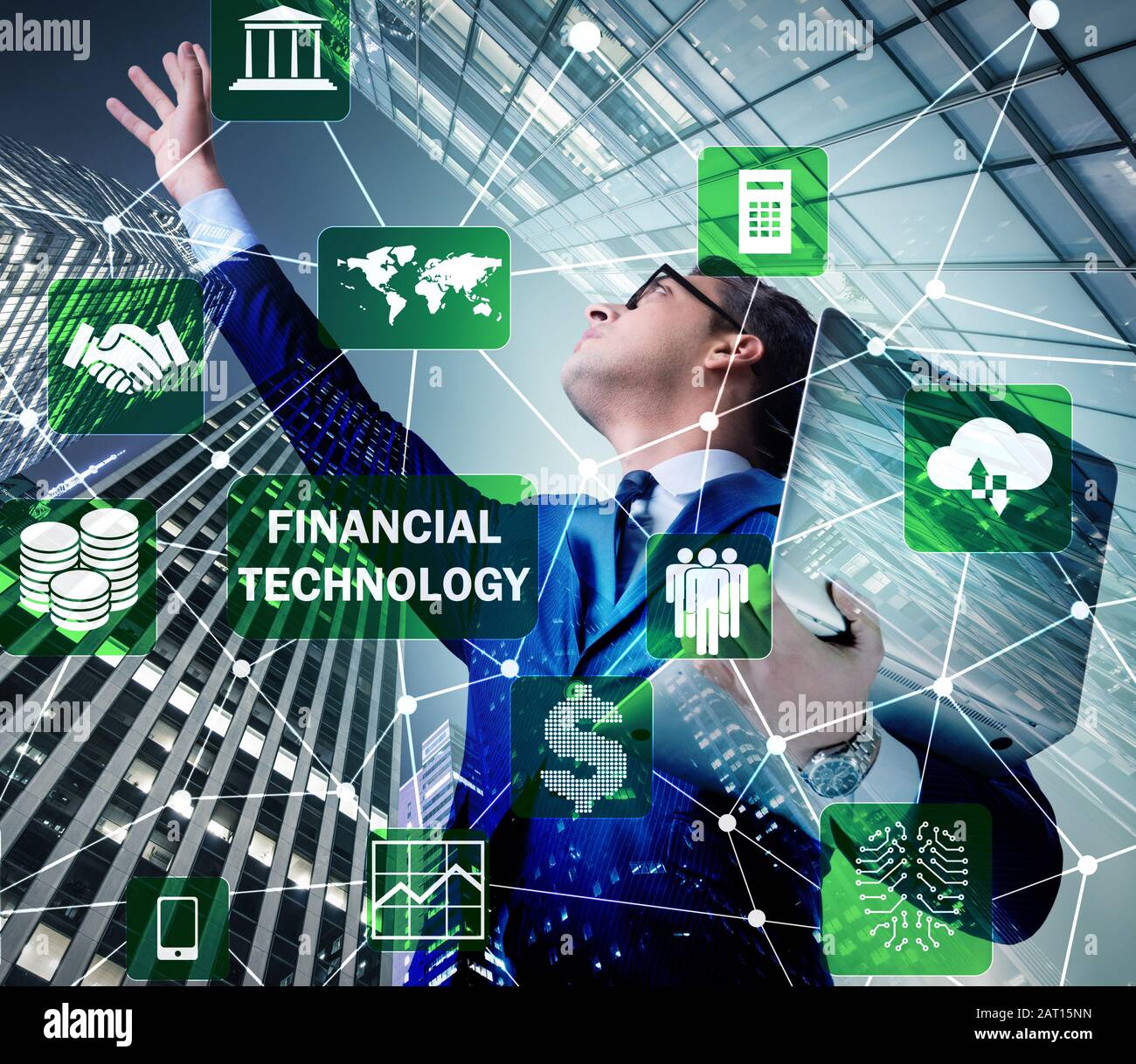 Businesswoman with laptop in financial technology fintech concept Stock ...