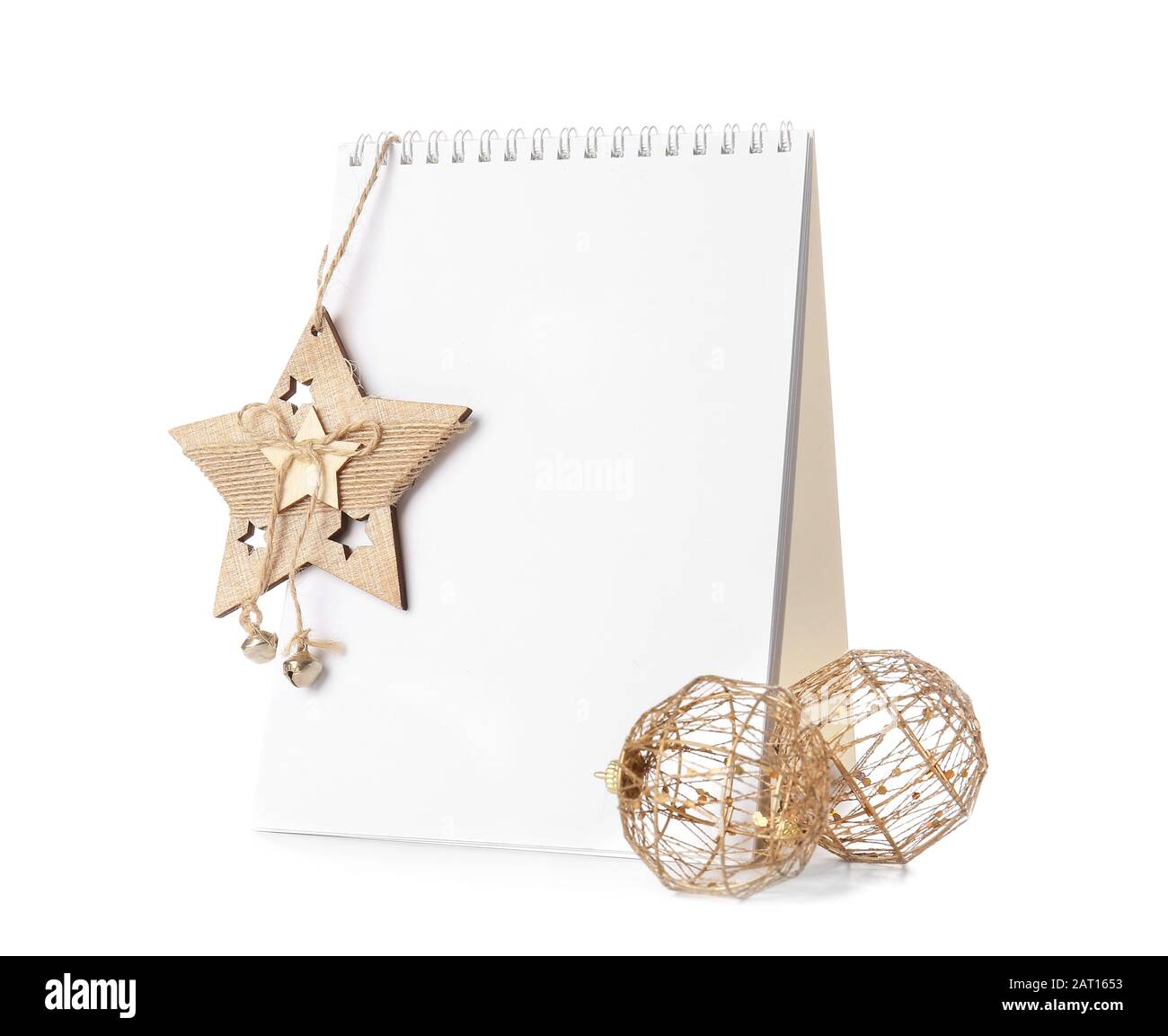 Empty calendar with Christmas decor on white background Stock Photo - Alamy