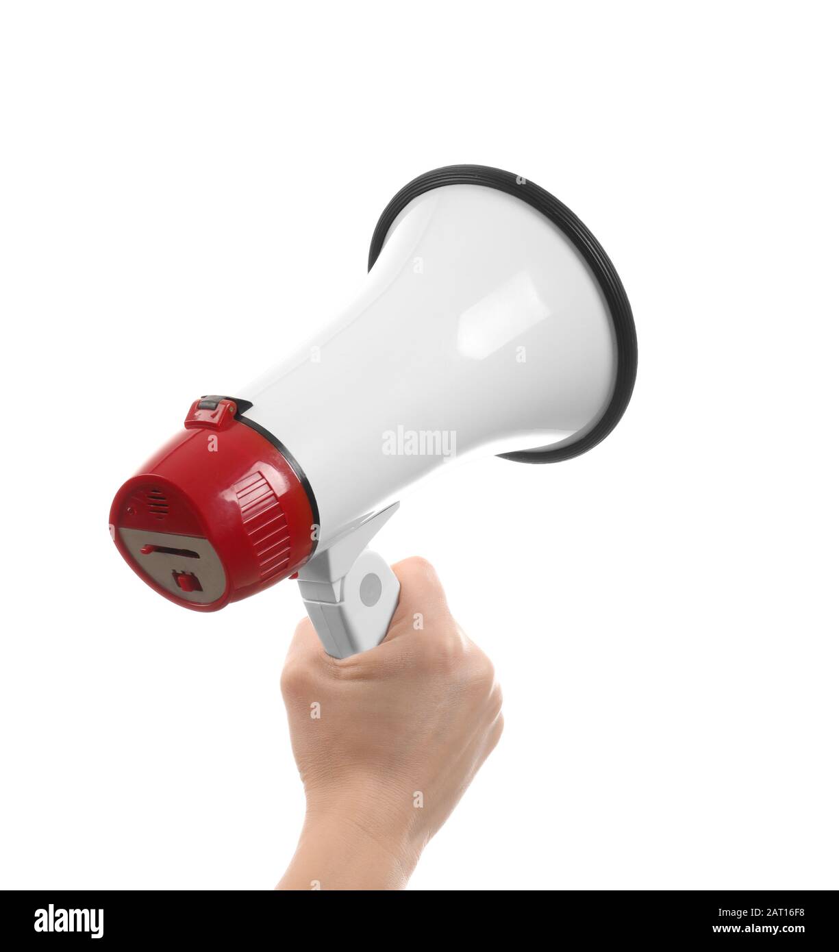 Female hand with megaphone on white background Stock Photo - Alamy