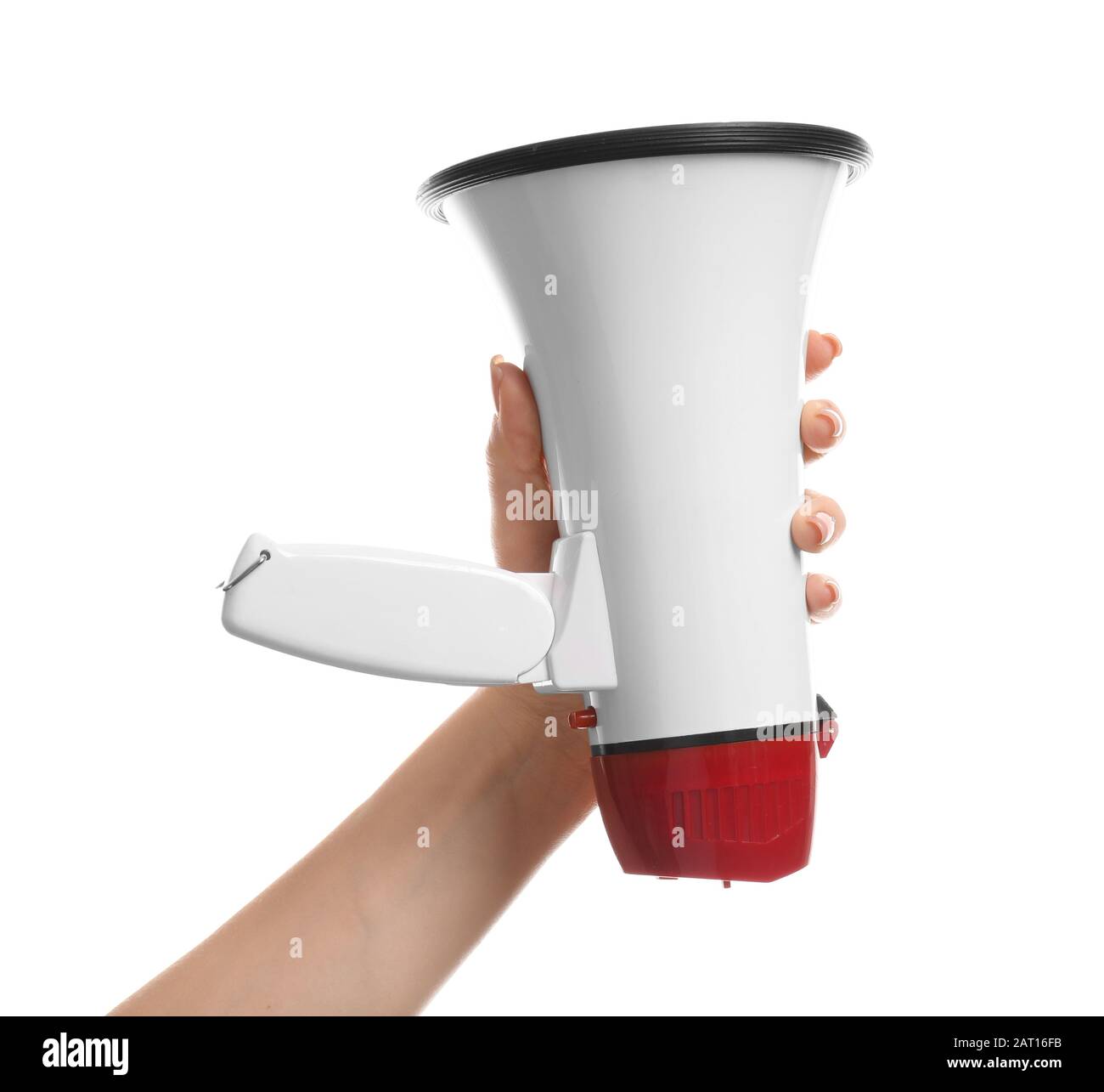 Female hand with megaphone on white background Stock Photo - Alamy