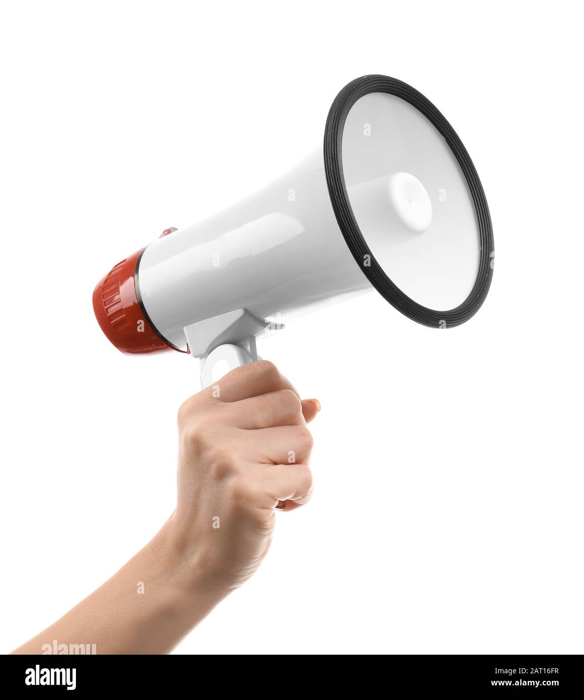 Female hand with megaphone on white background Stock Photo - Alamy