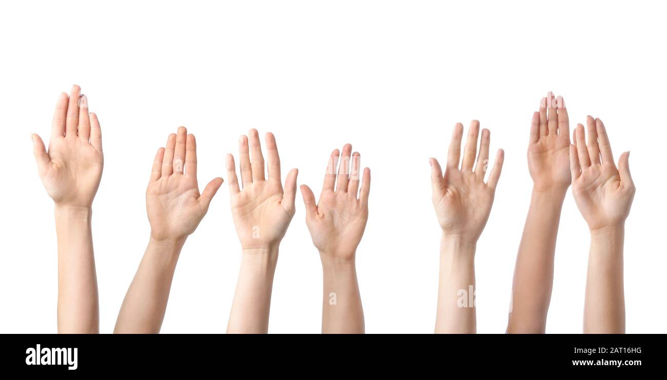 Hands of voting people on white background Stock Photo - Alamy