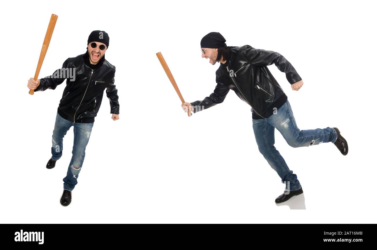 The aggressive man with baseball bat on white Stock Photo - Alamy