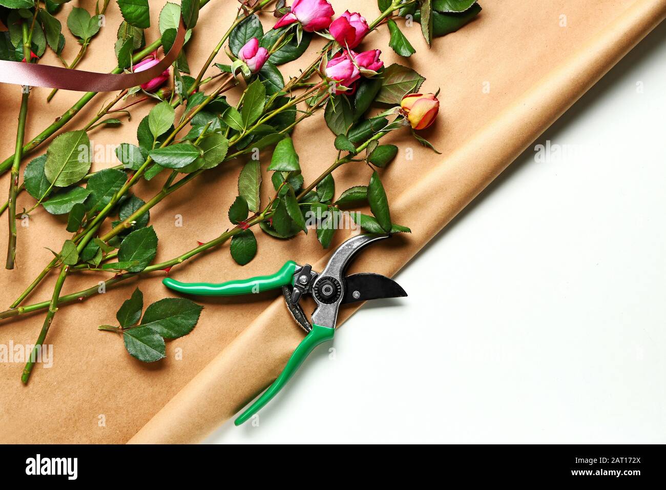Beautiful flowers with wrapping paper and pruner on white background ...