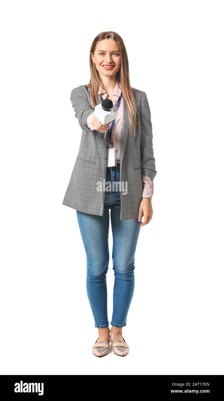 Female journalist on white background Stock Photo - Alamy