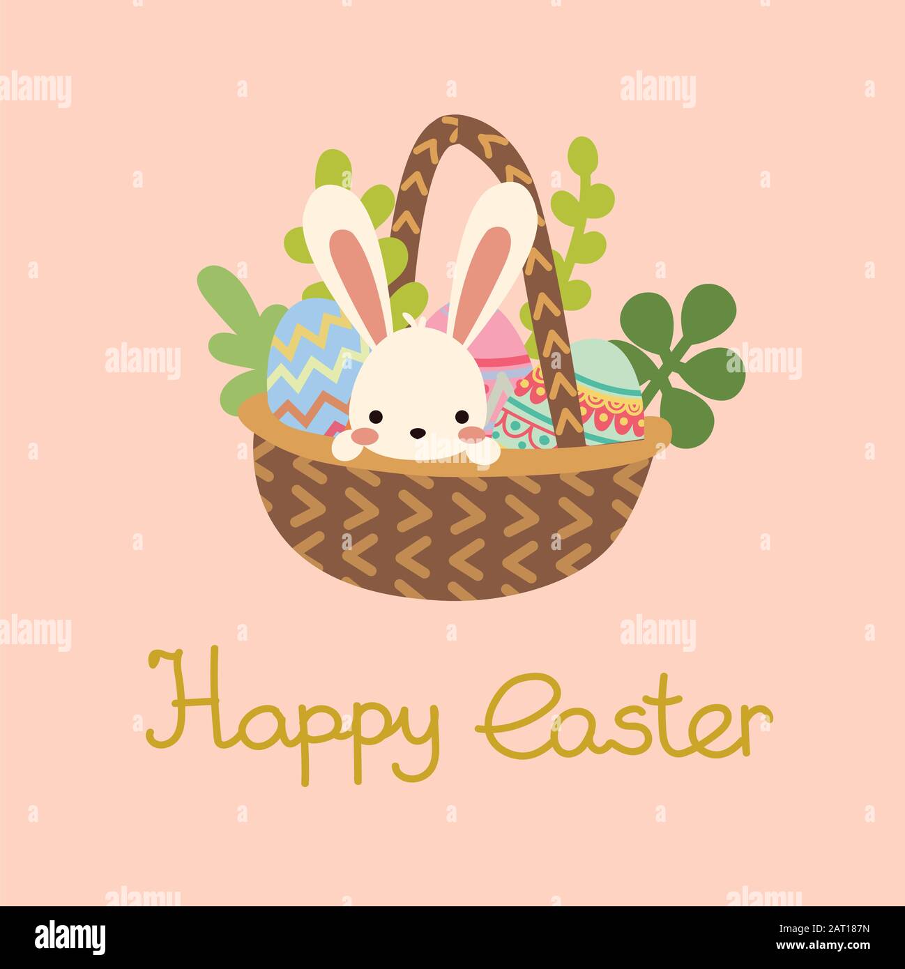 Cute easter bunny in basket with eggs and flowers Stock Vector Image ...
