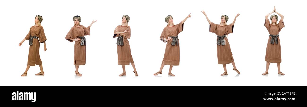 The woman wearing medieval arab clothing on white Stock Photo - Alamy