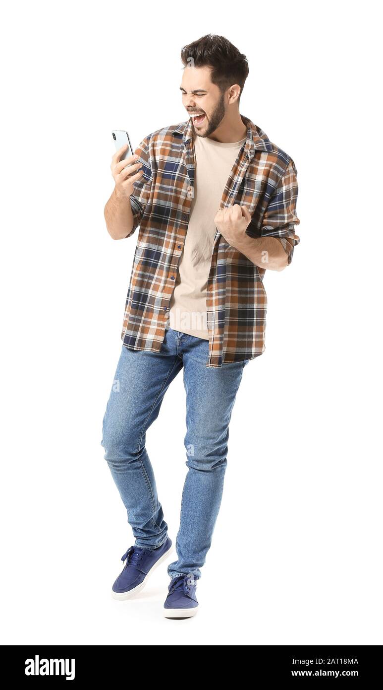 Mobile phone worried man Cut Out Stock Images & Pictures - Alamy