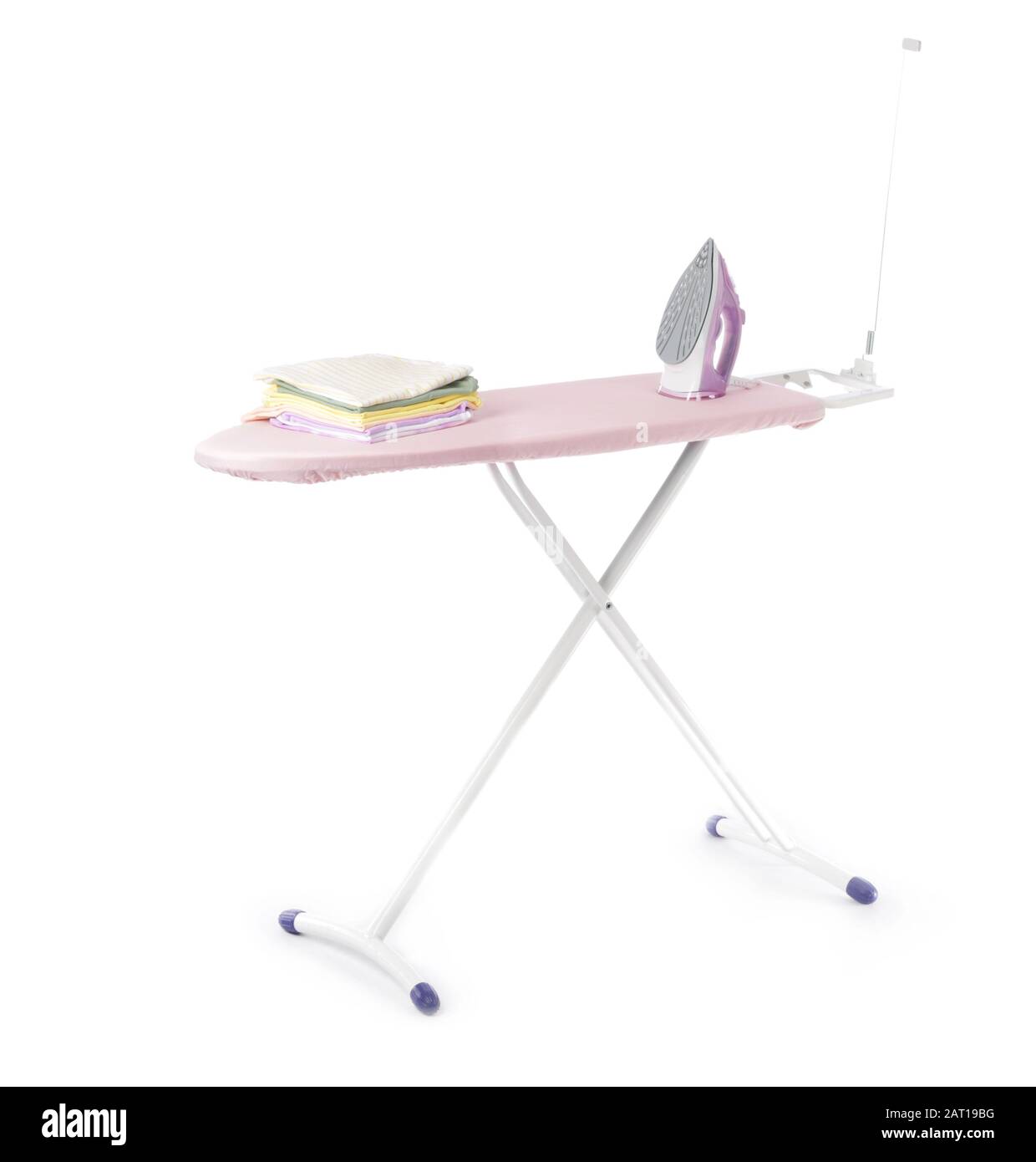 Iron and clean clothes on board against white background Stock Photo ...