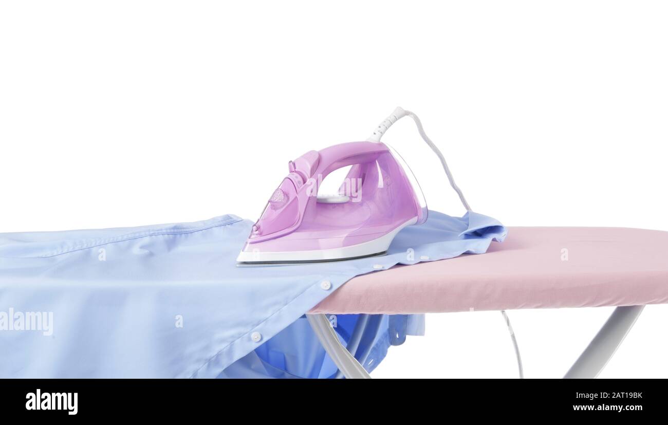 Iron and clean clothes on board against white background Stock Photo ...