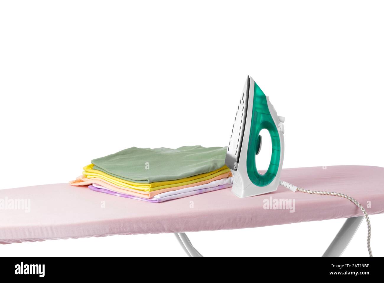 Iron and clean clothes on board against white background Stock Photo ...