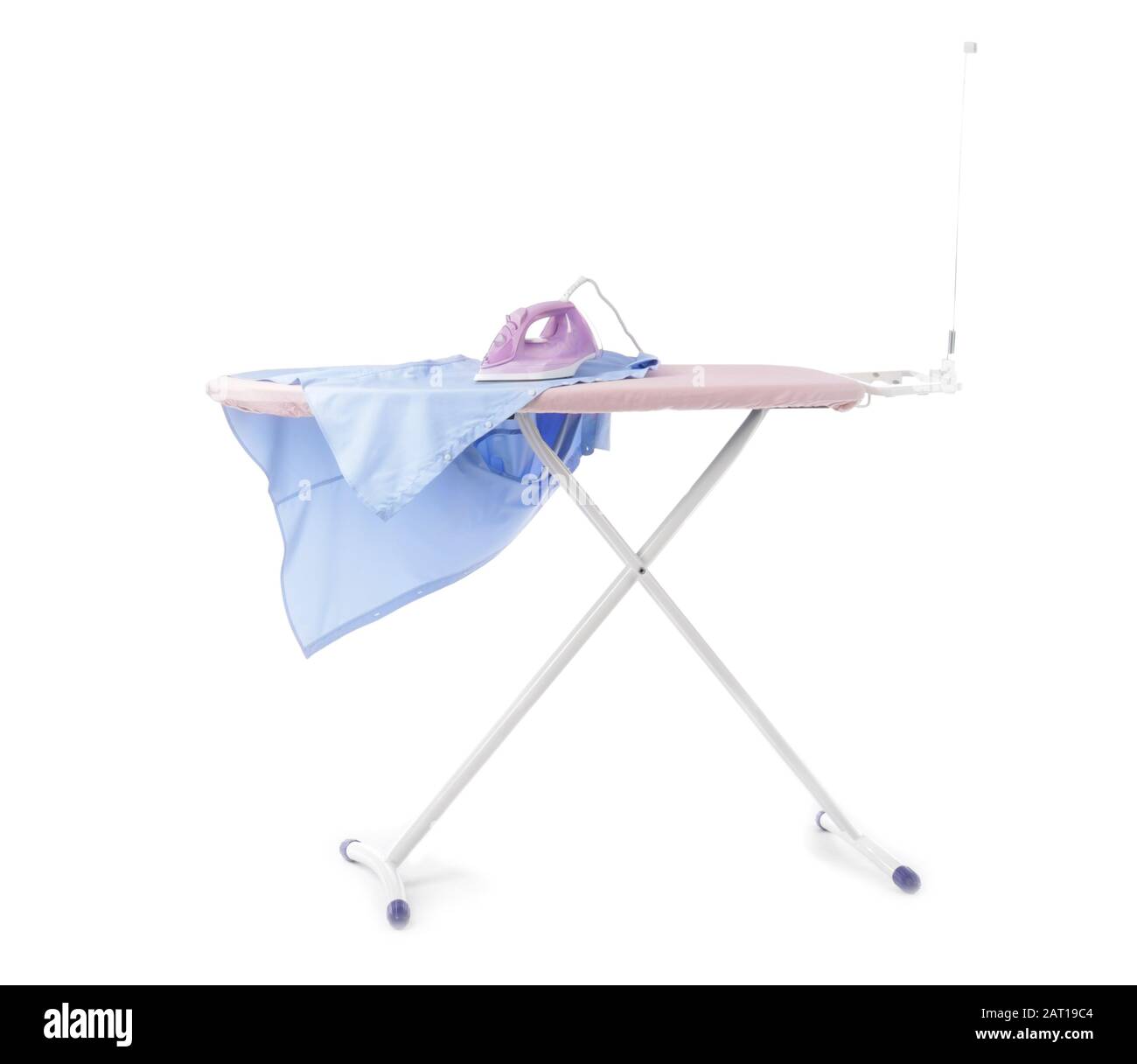 Iron and clean clothes on board against white background Stock Photo ...