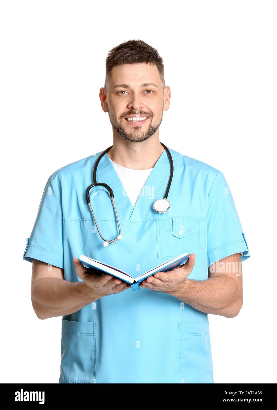 Male cardiologist with book on white background Stock Photo - Alamy
