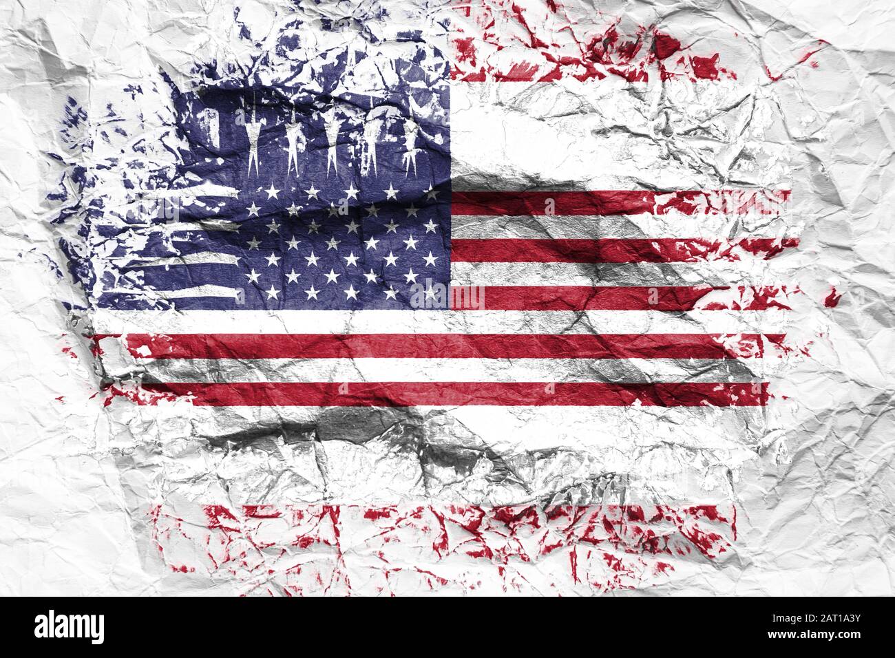 The national flag of the USA is painted on crumpled paper. Flag printed ...
