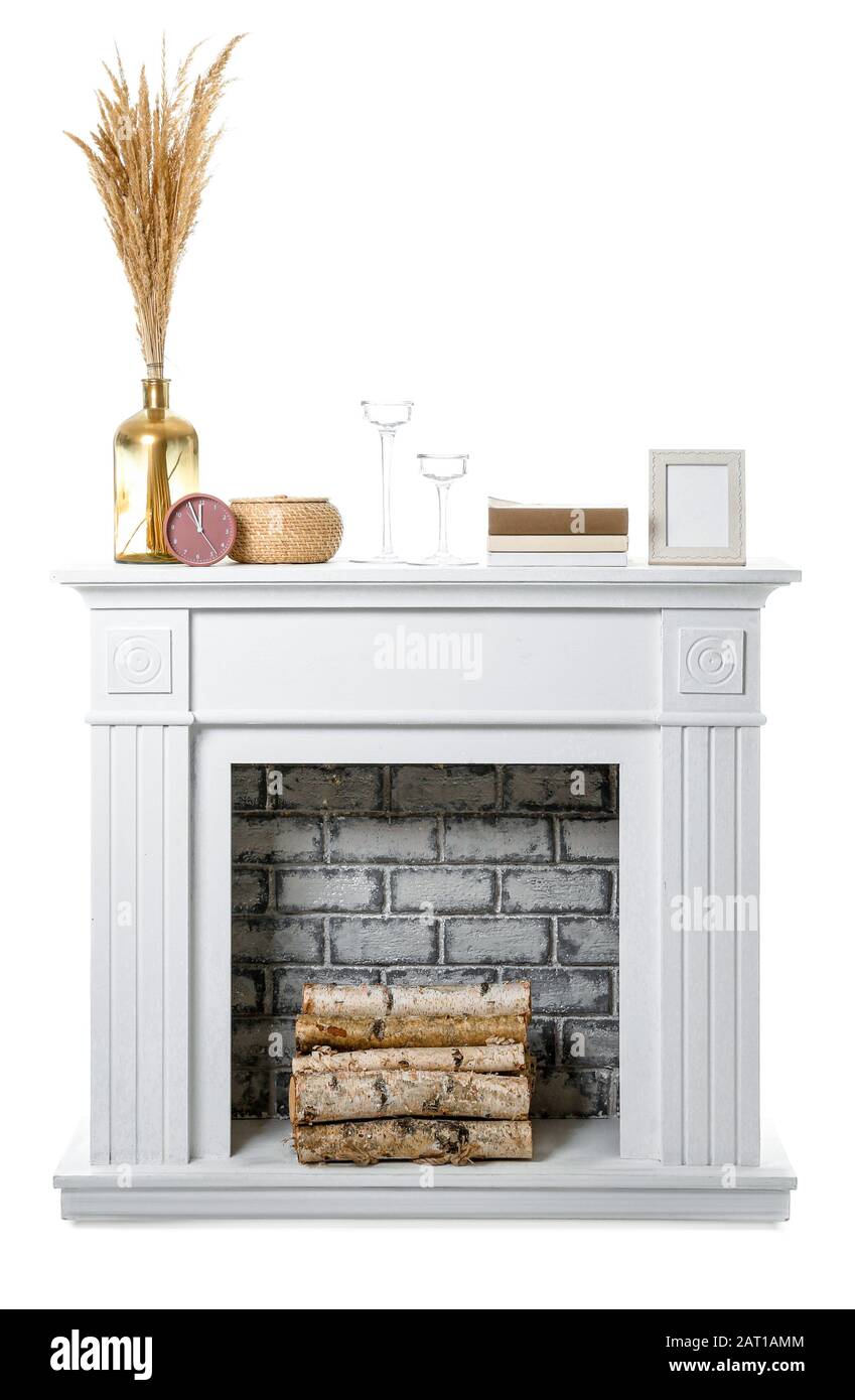 Beautiful fireplace on white background Stock Photo - Alamy