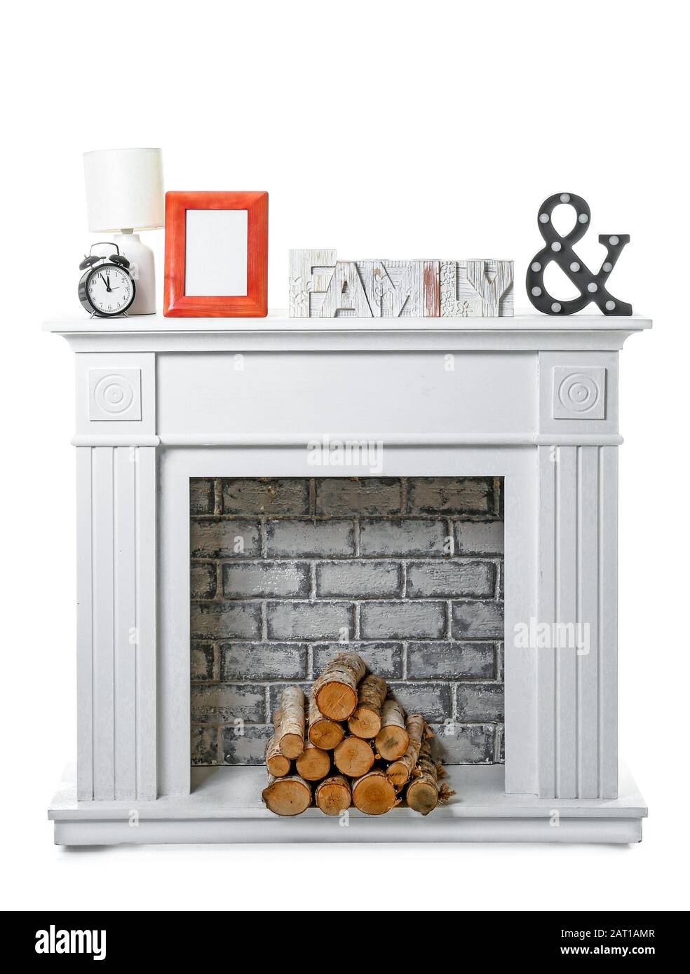 Beautiful fireplace on white background Stock Photo - Alamy
