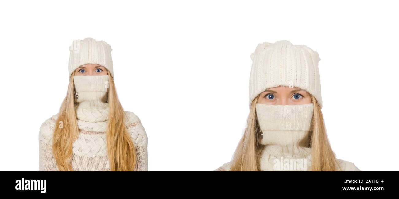 The woman wearing warm clothing on white Stock Photo - Alamy