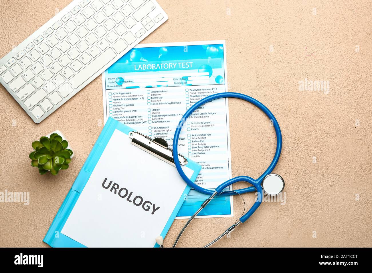 Paper sheet with text UROLOGY, stethoscope, laboratory test form and ...
