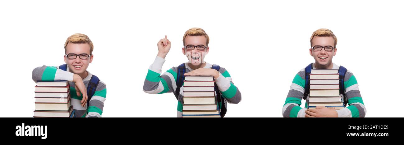 The funny student with stack of books Stock Photo - Alamy