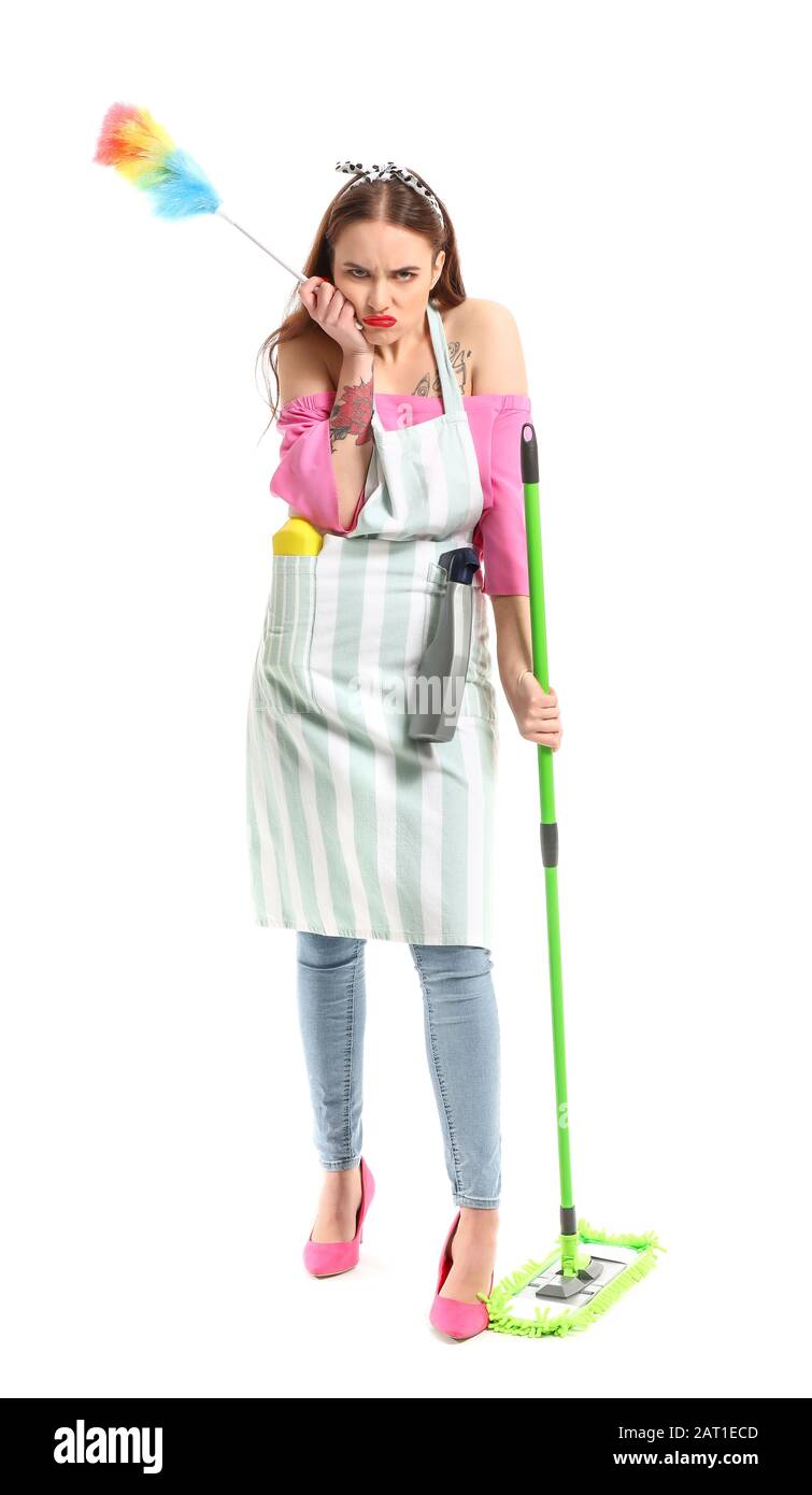 Angry housewife on white background Stock Photo - Alamy