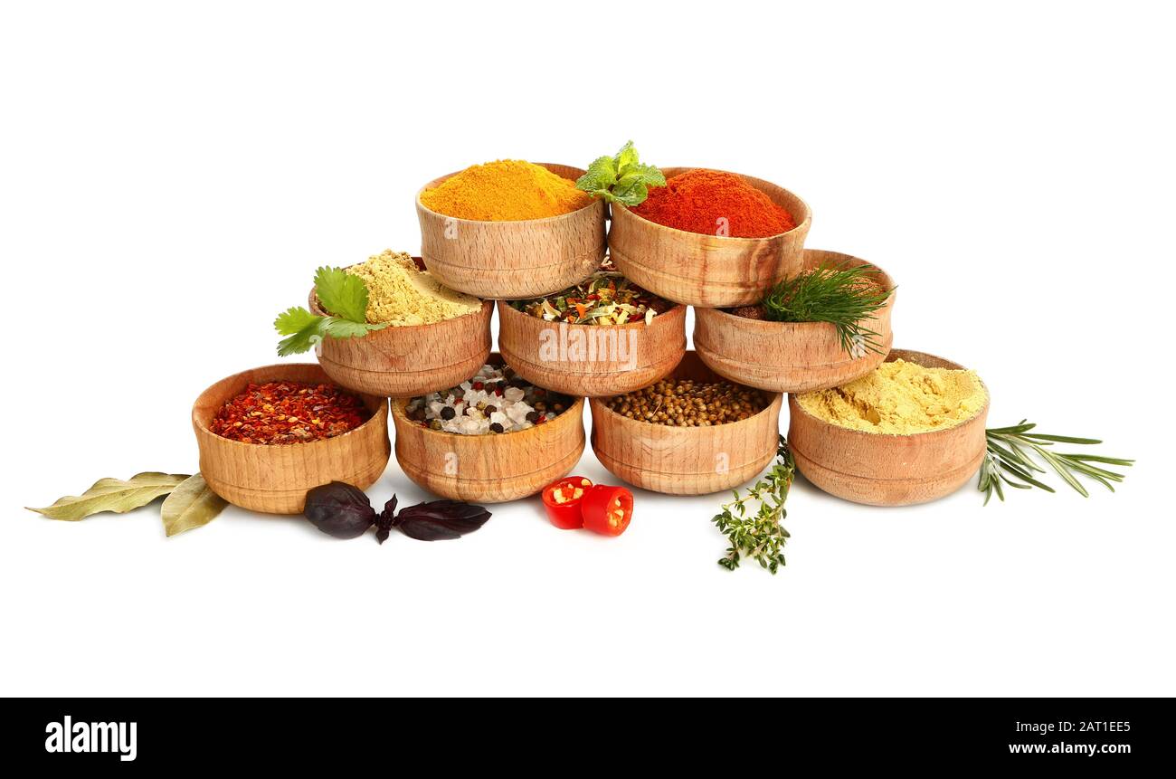 Many different spices on white background Stock Photo - Alamy