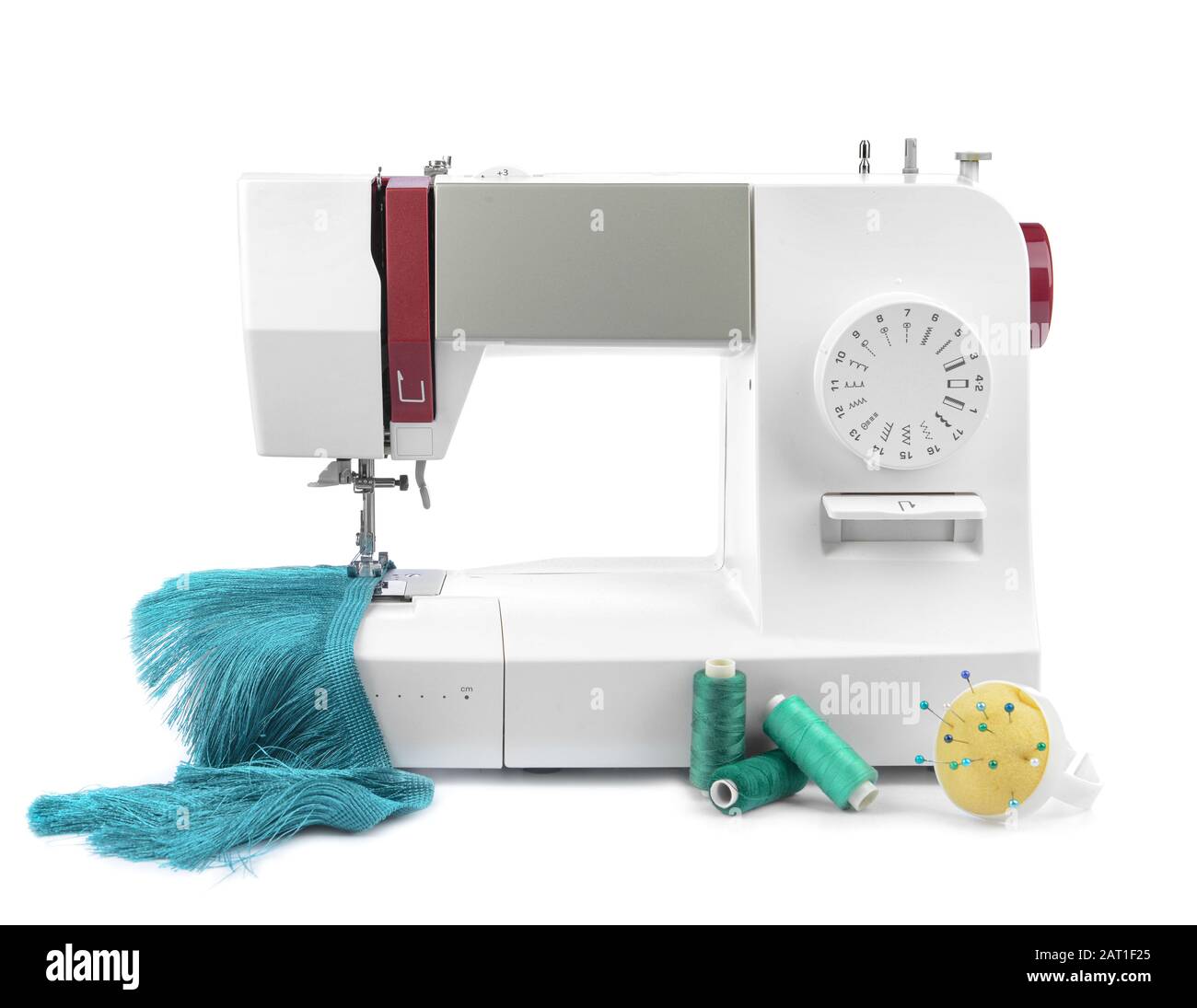 Modern sewing machine on white background Stock Photo - Alamy