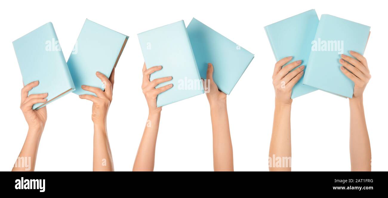 Female hands with books on white background Stock Photo - Alamy