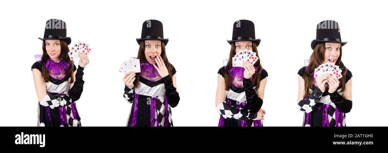 The pretty girl in jester costume with cards isolated on white Stock ...