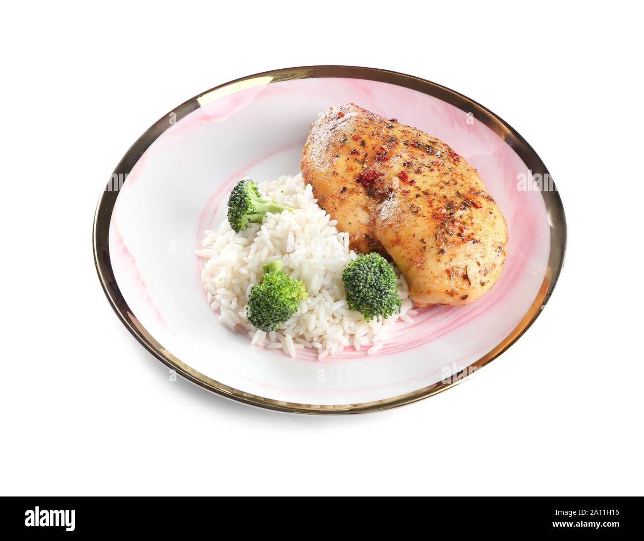 Plate with tasty rice and chicken on white background Stock Photo - Alamy