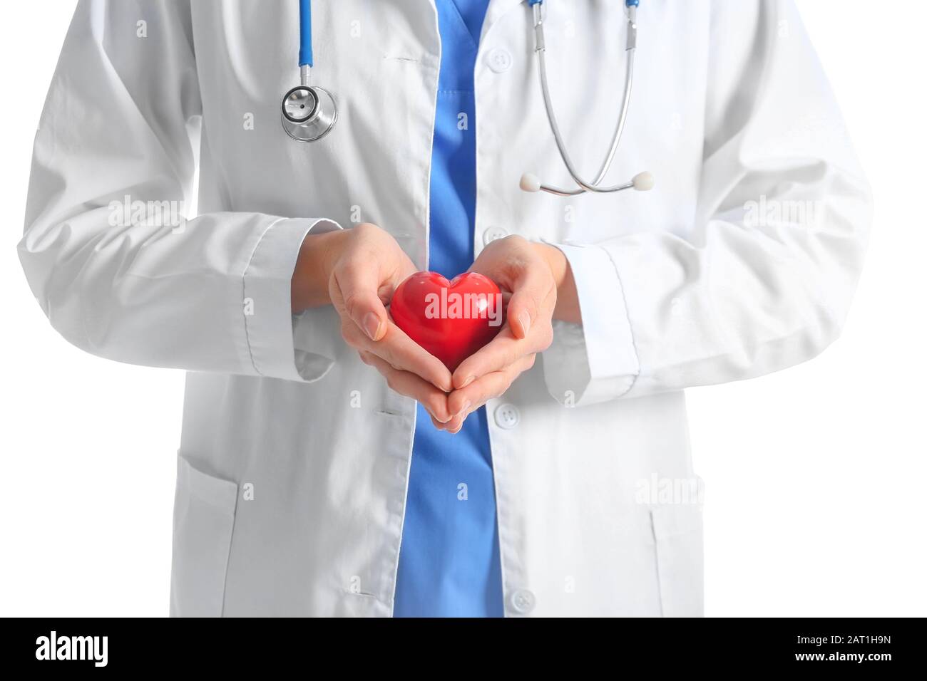 Female cardiologist with red heart on white background, closeup Stock ...
