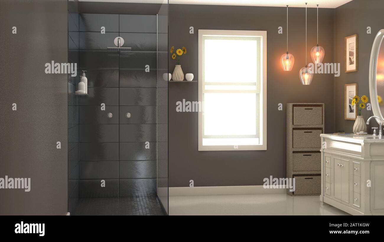 An interior of a modern bathroom with sandy brown walls a shower vanity ...