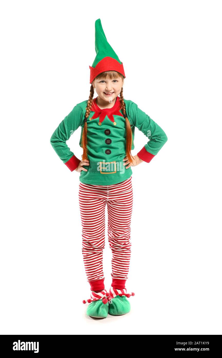 Little girl in costume of elf on white background Stock Photo - Alamy