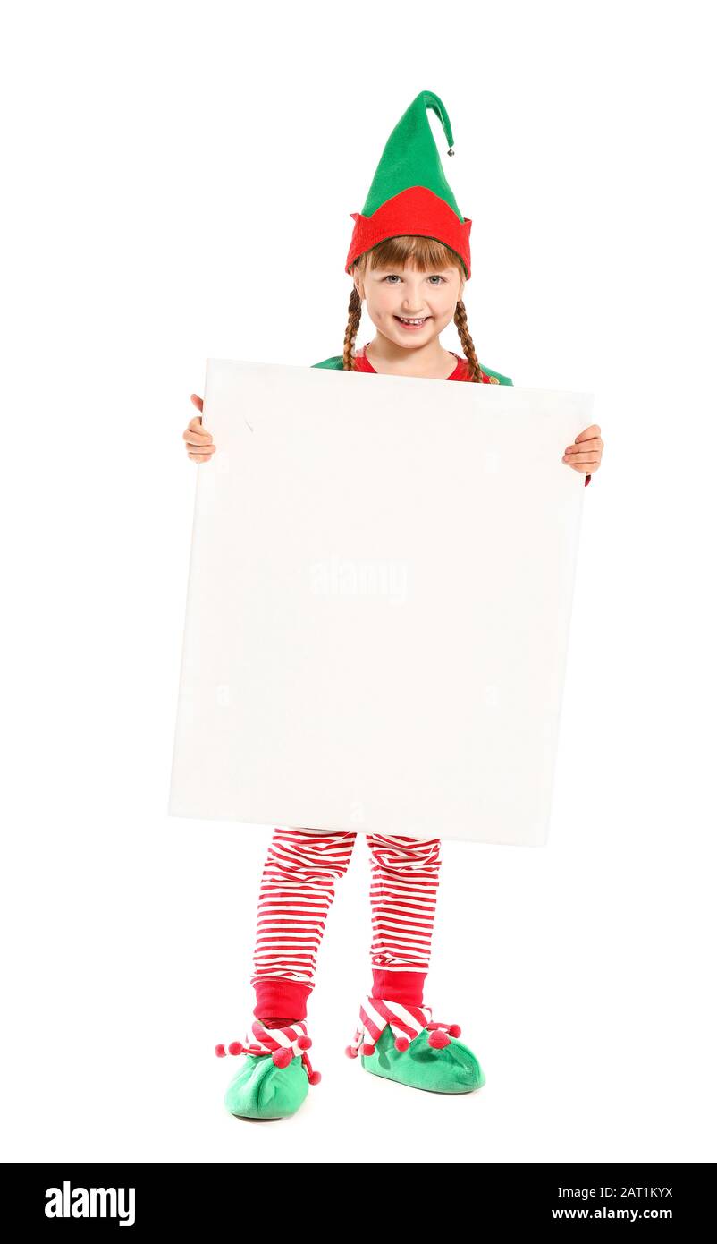 Little girl in costume of elf holding blank poster on white background ...