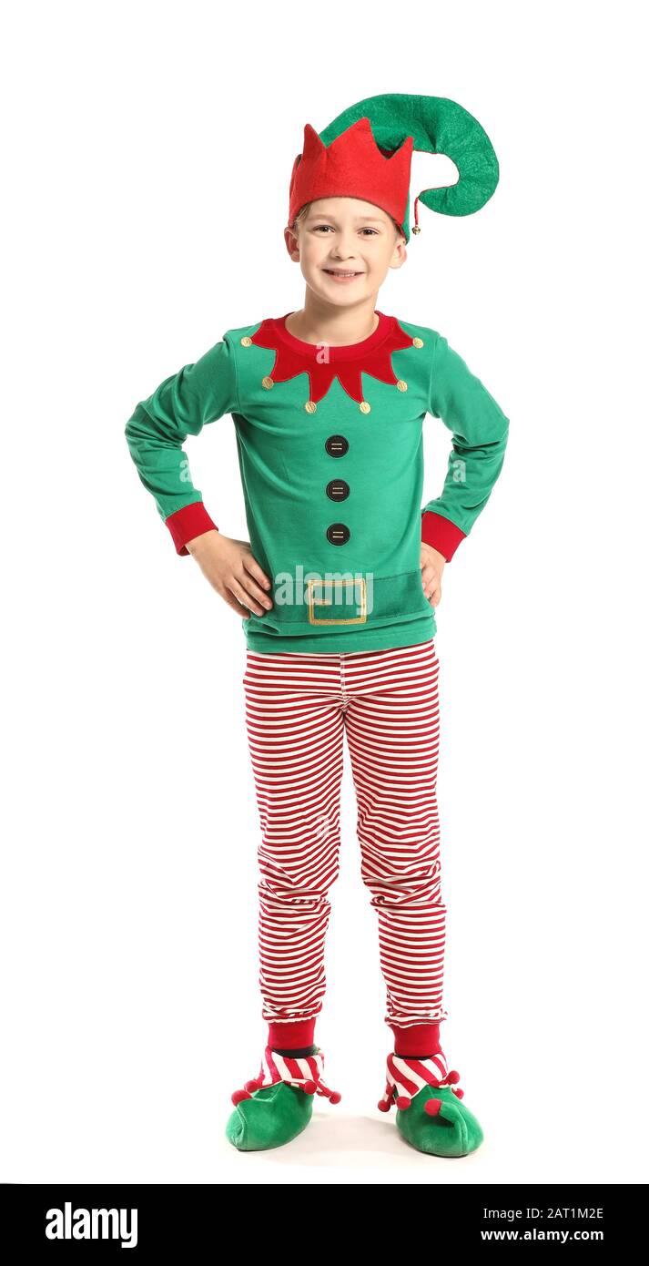 Little boy in costume of elf on white background Stock Photo - Alamy