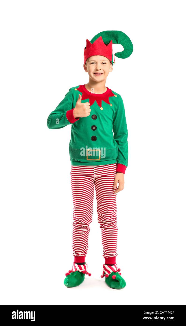Little boy in costume of elf showing thumb-up gesture on white ...