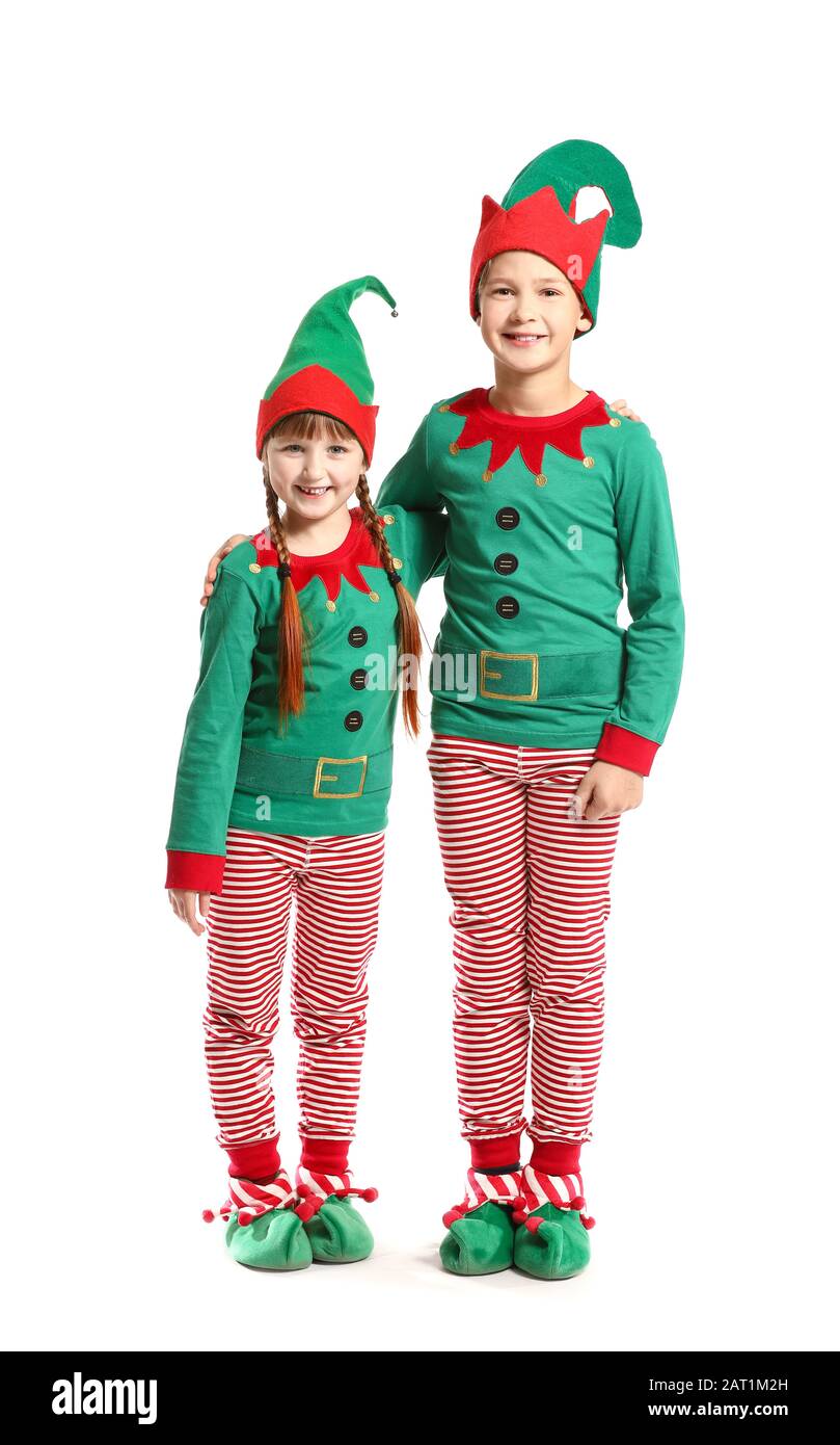 Little children in costume of elf on white background Stock Photo - Alamy