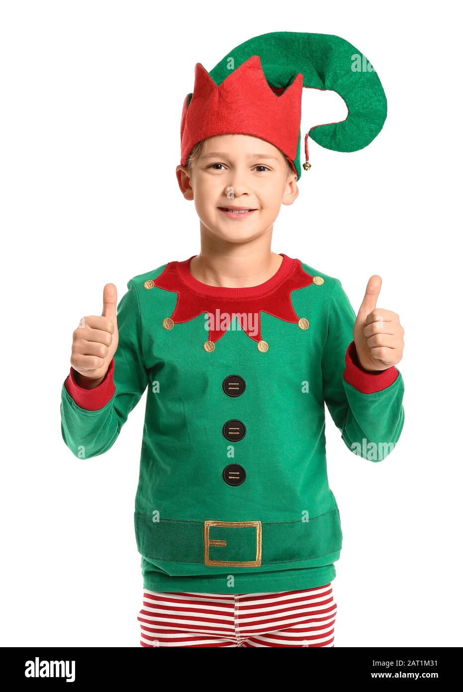 Little boy in costume of elf showing thumb-up gesture on white ...