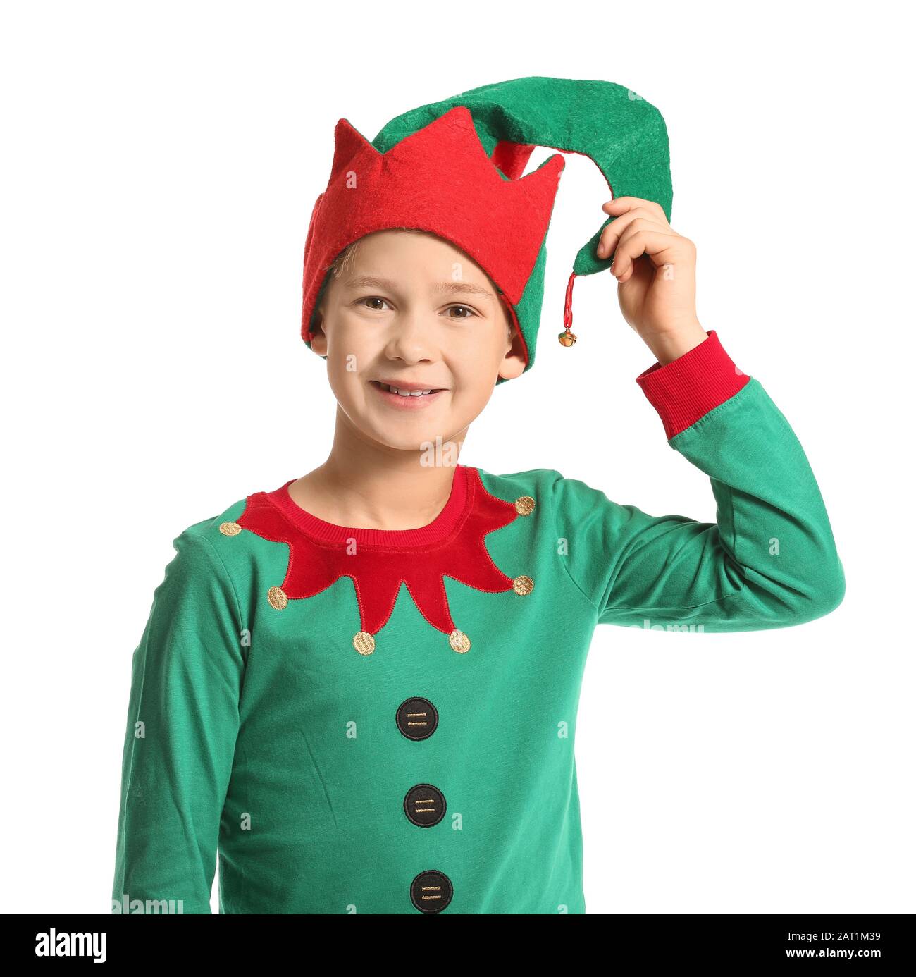 Little boy in costume of elf on white background Stock Photo - Alamy