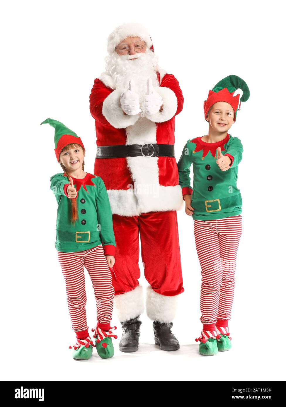 Santa Claus and little elf kids showing thumb-up gesture on white ...