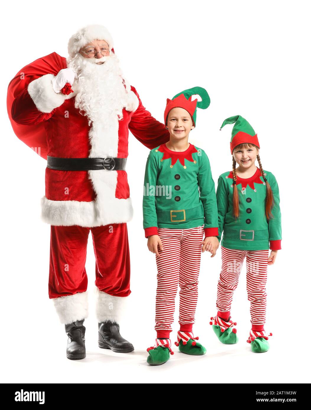 Santa Claus and little elf kids on white background Stock Photo - Alamy