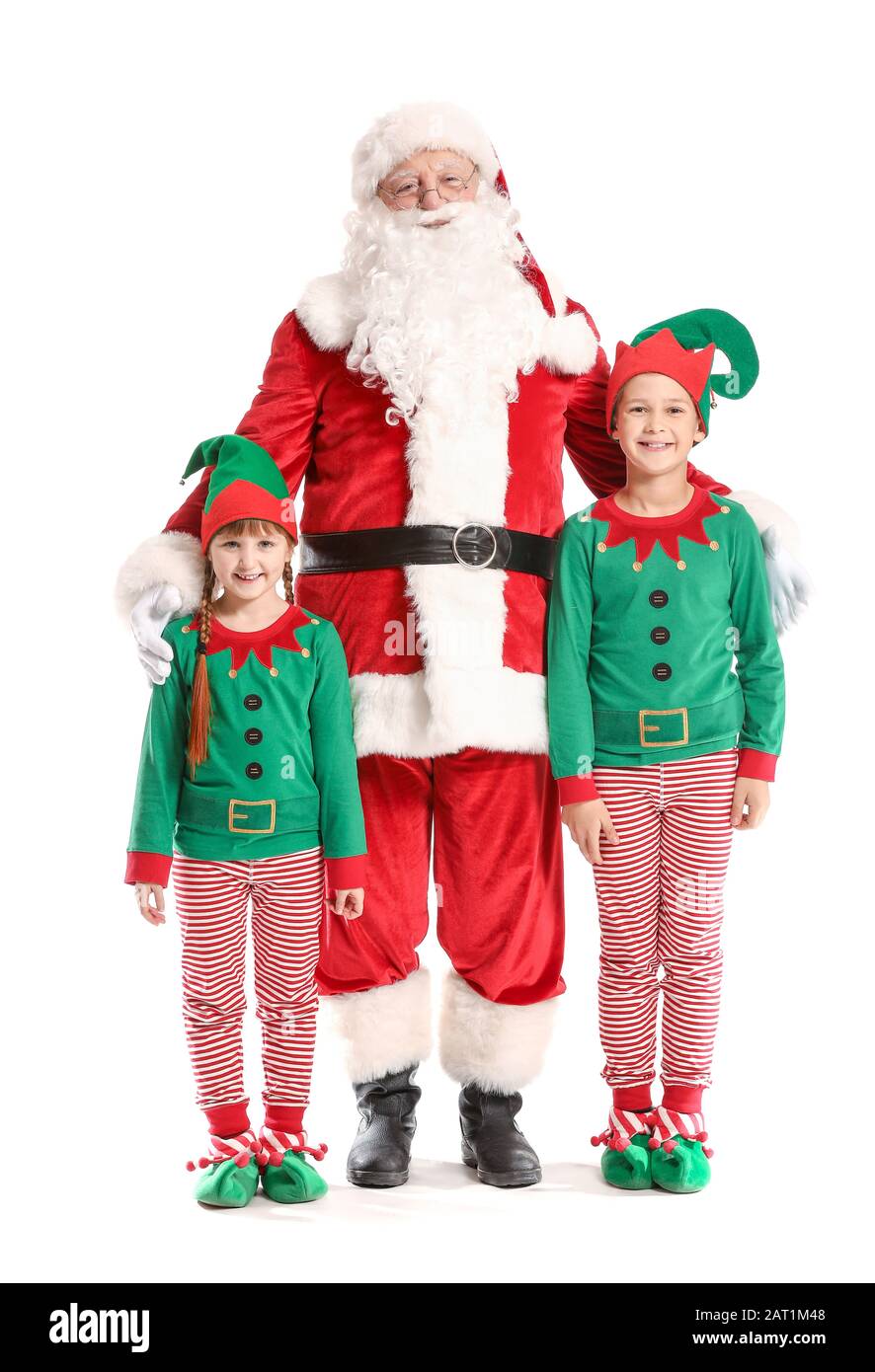 Santa Claus and little elf kids on white background Stock Photo - Alamy