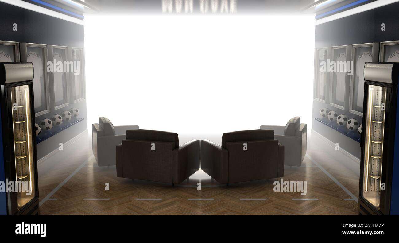 An interior of a soccer themed man cave with sports memorabilia ...