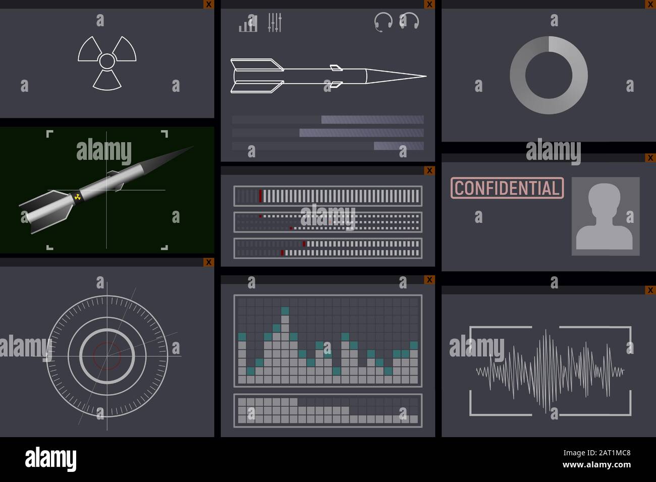 Nuclear missile control program. Vector illustration. Modern atom war ...