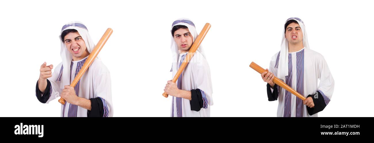 The aggressive arab man with baseball bat on white Stock Photo - Alamy